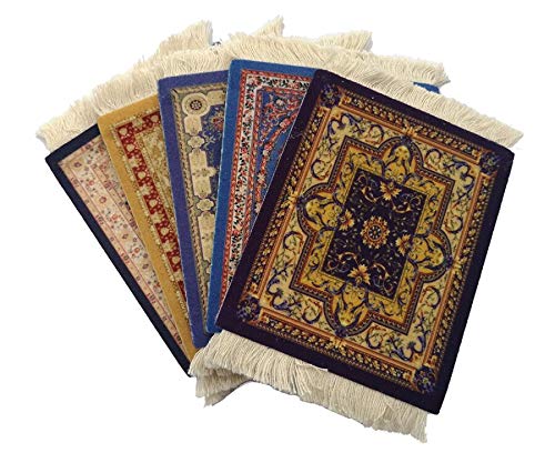 Carpet Coasters – Oriental Design Fabric Carpet Drink Mats Set of 4 pcs Table Coasters Tassel Carpet Coaster (blue mix 5pcs)