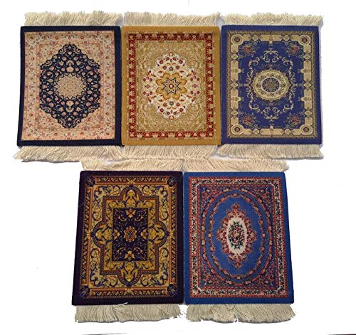 Carpet Coasters – Oriental Design Fabric Carpet Drink Mats Set of 4 pcs Table Coasters Tassel Carpet Coaster (blue mix 5pcs)