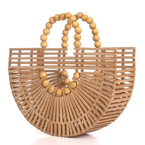 ruler truth womens bamboo handbags summer straw beach purse, handmade straw purse for women natural wicker purse rattan purse for women rose red