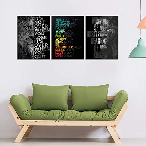 Motivational Office Wall Art Inspirational Canvas Wall Art Hustle Posters Wall Decor Entrepreneur Quote Wall Paintings Picture 3 Pieces Artwork for Bedroom Home Decor Wooden Framed (36”Wx16”H)