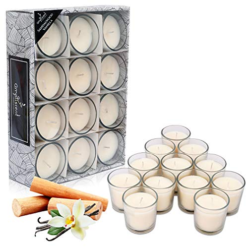 Ampliscent White Scented Glass Votive Candle - Set of 12 | Bulk Pack for Weddings, Bridal Showers or Home Parties and Centerpieces - Sandalwood Vanilla