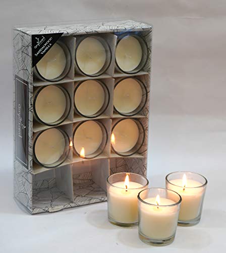 Ampliscent White Scented Glass Votive Candle - Set of 12 | Bulk Pack for Weddings, Bridal Showers or Home Parties and Centerpieces - Sandalwood Vanilla