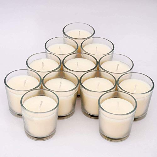 Ampliscent White Scented Glass Votive Candle - Set of 12 | Bulk Pack for Weddings, Bridal Showers or Home Parties and Centerpieces - Sandalwood Vanilla