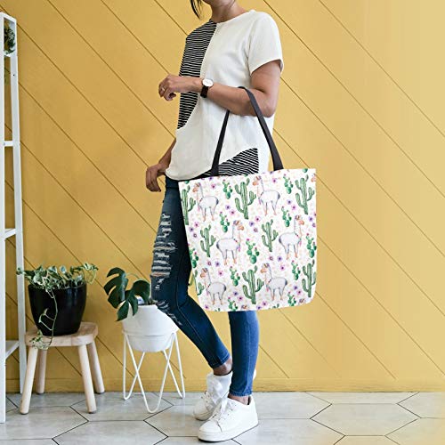 Canvas Shoulder Bag Llama Cactus Flower Large Tote Handbag Travel Satchel for Women Girls