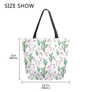 Canvas Shoulder Bag Llama Cactus Flower Large Tote Handbag Travel Satchel for Women Girls