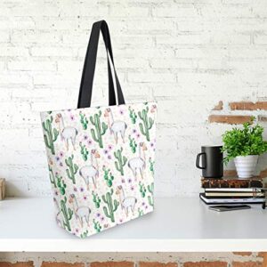 Canvas Shoulder Bag Llama Cactus Flower Large Tote Handbag Travel Satchel for Women Girls