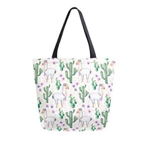 Canvas Shoulder Bag Llama Cactus Flower Large Tote Handbag Travel Satchel for Women Girls