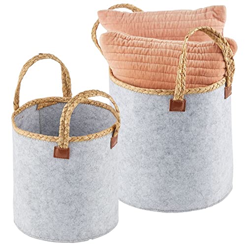 mDesign Round Felt Basket and Attached Braided Handles - Portable and Foldable for Compact Storage, Set of 2 - Gray