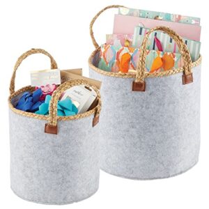 mDesign Round Felt Basket and Attached Braided Handles - Portable and Foldable for Compact Storage, Set of 2 - Gray