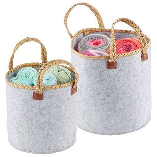 mDesign Round Felt Basket and Attached Braided Handles - Portable and Foldable for Compact Storage, Set of 2 - Gray