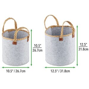 mDesign Round Felt Basket and Attached Braided Handles - Portable and Foldable for Compact Storage, Set of 2 - Gray