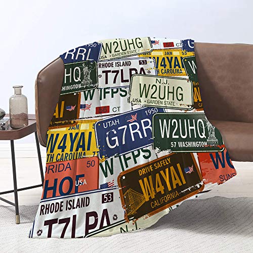 Yunine Blanket, 60 x 80 Inches Throw Blanket Car License Plates in Retro Garage Pattern Soft Warm Blanket for Bed Couch Sofa Lightweight Travelling Camping Comfort Home Decoration for All Season