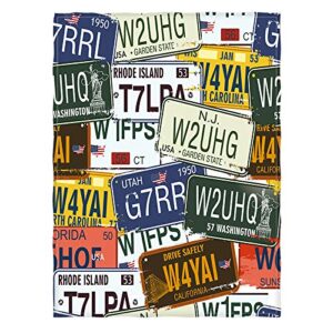 Yunine Blanket, 60 x 80 Inches Throw Blanket Car License Plates in Retro Garage Pattern Soft Warm Blanket for Bed Couch Sofa Lightweight Travelling Camping Comfort Home Decoration for All Season