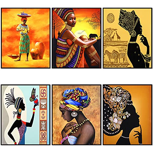 Outus 6 Pieces African Wall Art Painting Ethnic Ancient Retro Canvas Picture Black Woman Ethnic Ancient Theme Diamond Girl for Home Bedroom Bathroom Wall Decor, Unframed