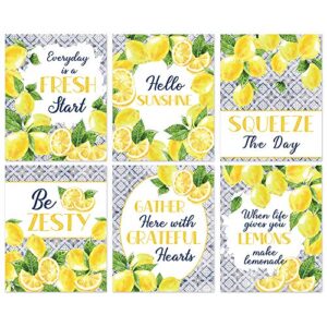 hlniuc lemon signs art prints, inspirational blue pattern yellow lemon pictures set of 6(8”x10”, unframed), fruit botanical poster green leaf modern wall art for bed room living room kitchen decor