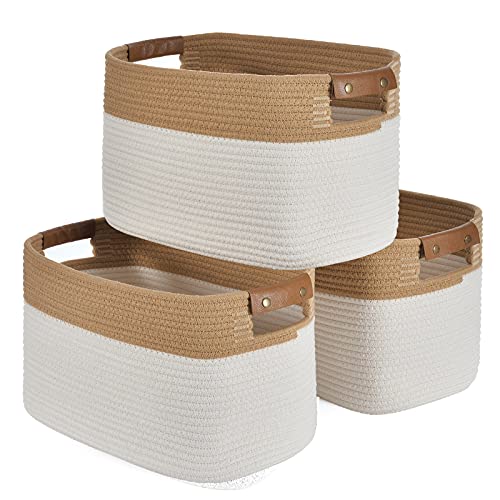 Cotton Rope Basket, Decorative Woven Basket With Leather Handles, Rectangle Storage Basket For Clothes, Toys, Makeup, Books, Towels, Sundries 15.3×10×9.4 inches(3-Pack, Brown&White)