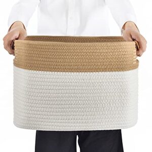 Cotton Rope Basket, Decorative Woven Basket With Leather Handles, Rectangle Storage Basket For Clothes, Toys, Makeup, Books, Towels, Sundries 15.3×10×9.4 inches(3-Pack, Brown&White)