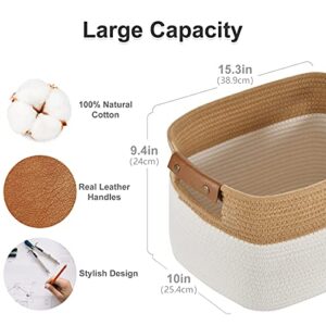 Cotton Rope Basket, Decorative Woven Basket With Leather Handles, Rectangle Storage Basket For Clothes, Toys, Makeup, Books, Towels, Sundries 15.3×10×9.4 inches(3-Pack, Brown&White)