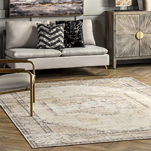 nuLOOM Glenda Machine Washable Faded Medallion Area Rug, 4' x 6', Light Grey