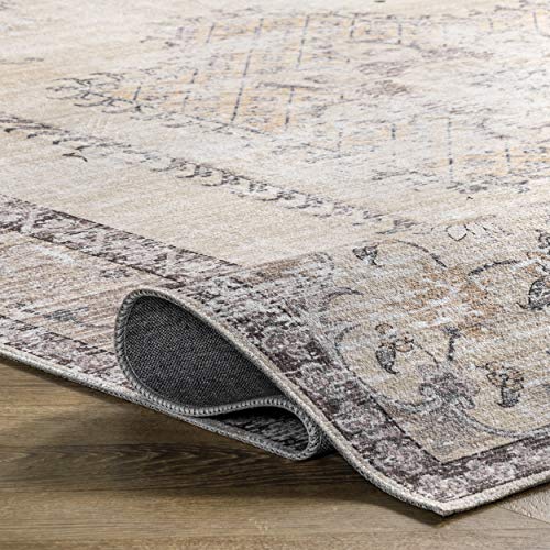 nuLOOM Glenda Machine Washable Faded Medallion Area Rug, 4' x 6', Light Grey