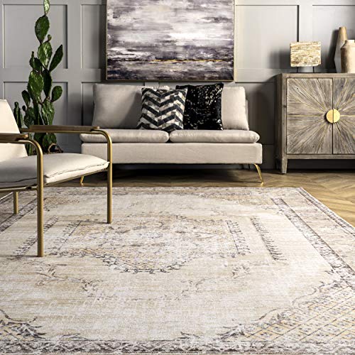 nuLOOM Glenda Machine Washable Faded Medallion Area Rug, 4' x 6', Light Grey