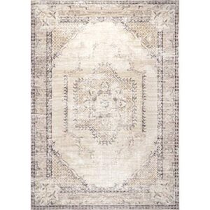 nuLOOM Glenda Machine Washable Faded Medallion Area Rug, 4' x 6', Light Grey