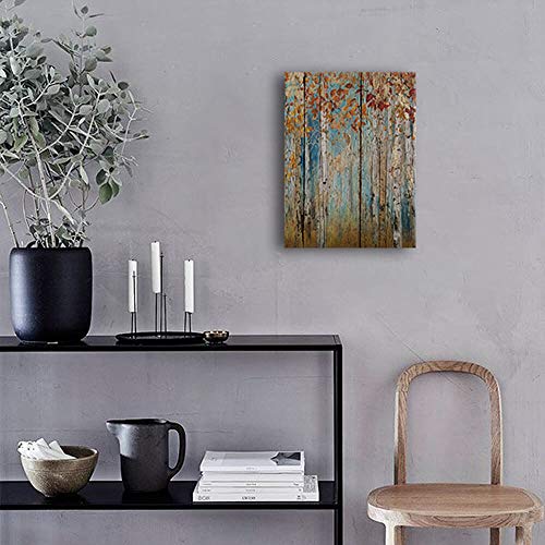 Canvas Wall Art Yellow Tree Forest Landscape Picture Prints, Rustic Modern Birch Trees Nature Woods Abstract Painting Artwork 12"x16" Wood Gallery and Framed for Home Office Living Room Bedroom Decor