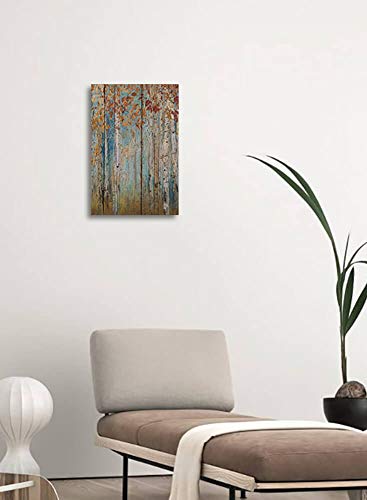 Canvas Wall Art Yellow Tree Forest Landscape Picture Prints, Rustic Modern Birch Trees Nature Woods Abstract Painting Artwork 12"x16" Wood Gallery and Framed for Home Office Living Room Bedroom Decor