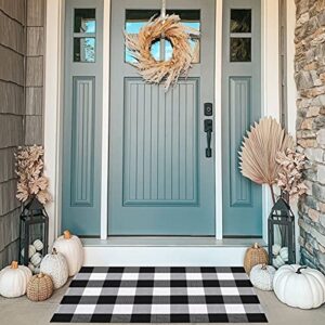 aracon buffalo check rug 27.5” x 43” plaid rug reversible cotton hand-woven carpet outdoor black and white checked fall decor rug for layered front porch door mats, entryway, farmhouse