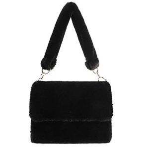 women soft faux fur shoulder bag fuzzy leopard print handbags plush tote bags clutch purse (black)