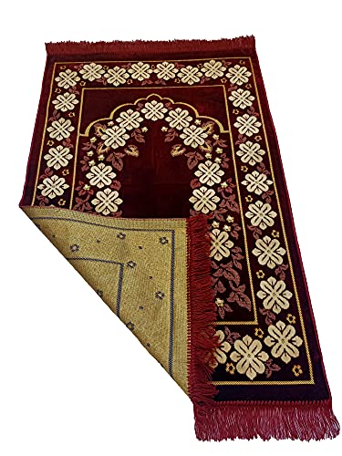 EDUS Turkish Muslim Prayer Rug, Gifts 99 Prayer Beads and Kufi Hats for Men, Islamic Prayer Mat for Men Women and Kids, Portable Velvet Carpet, Great Ramadan Gifts (F. Claret Red)