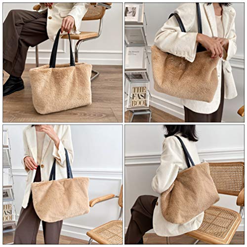 VALICLUD Large Work Tote Large Faux Fur Handbag Plush Bucket Tote Hobo Bag Oversize Fuzzy Fluffy Handle Satchel Fashion Shoulder Bag for Women Womens Laptop Tote