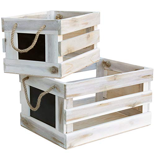 White Wooden Crates Decorative Set with Chalk Face and Rope Handles, Rustic Storage Crates (18 and 15 Inch)