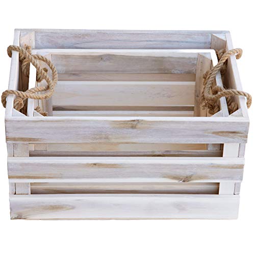 White Wooden Crates Decorative Set with Chalk Face and Rope Handles, Rustic Storage Crates (18 and 15 Inch)