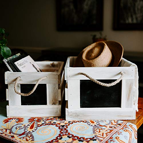 White Wooden Crates Decorative Set with Chalk Face and Rope Handles, Rustic Storage Crates (18 and 15 Inch)