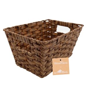 myhomebody wicker storage basket with handle | woven baskets for organizing and trays, holders, organizers | storage baskets for shelves | toffee, 1pc