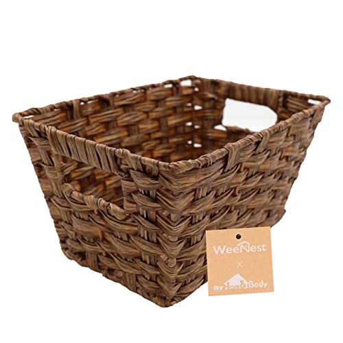 myHomeBody Wicker Storage Basket with Handle | Woven Baskets for Organizing and Trays, Holders, Organizers | Storage Baskets for Shelves | Toffee, 1pc