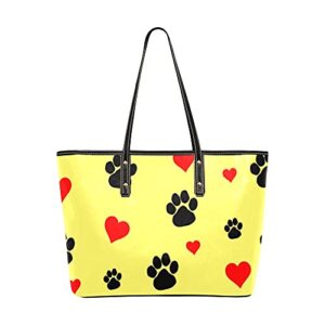 Dog Paw Isolated on Yellow Background Personalized Leather Tote Bag Large Capacity Handbag