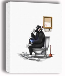 blanche gifts black and white banksy dj thinking monkey sitting on toilet seat canvas wall art print – stretched on wooden frame and ready to hang – size 12 x 16 in