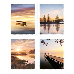 color play lake scene wall art sunset pictures nature landscape prints boat wood dock artwork for living room bedroom office decor unframed 8×10 inch 4 piece