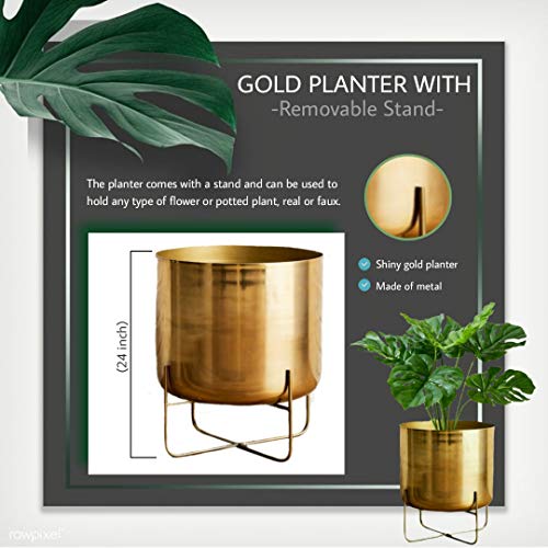 Serene Spaces Living Wide Gold Planter with Detachable Metal Stand, Decorative Indoor Planter Pot, Flower Pots Stand for Living Room, Kitchen, Office, Measures 26" Tall and 14" Diameter