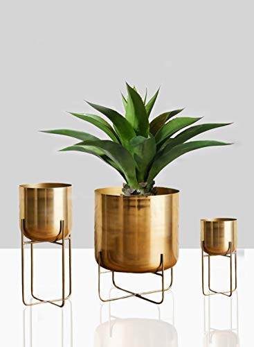 Serene Spaces Living Wide Gold Planter with Detachable Metal Stand, Decorative Indoor Planter Pot, Flower Pots Stand for Living Room, Kitchen, Office, Measures 26" Tall and 14" Diameter