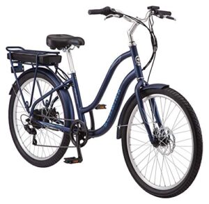 schwinn mendocino mens and womens hybrid electric beach cruiser, lightweight aluminum ebike frame, 26-inch wheels, 6 speed drivetrain, pedal assist, matte blue