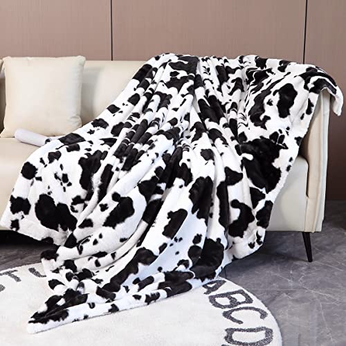 SUCSES Black and White Cow Print Blanket Faux Fur Fleece Cow Blankets for Couch Sofa Western Style Fluffy Furry Throw Blanket for Kids Boys Girls Adults (Black White, 63"x79")