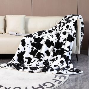 SUCSES Black and White Cow Print Blanket Faux Fur Fleece Cow Blankets for Couch Sofa Western Style Fluffy Furry Throw Blanket for Kids Boys Girls Adults (Black White, 63"x79")