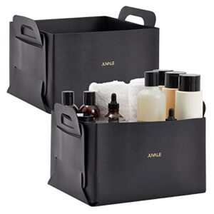 2 pack faux leather foldable storage bins with handles, collapsible baskets for home organization (black, 10 x 6.5 in)