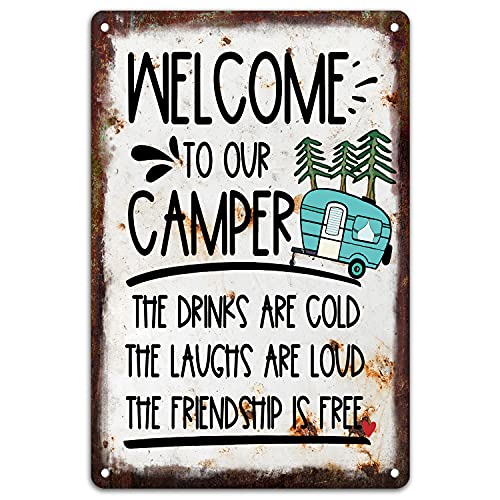 OCCdesign Rustic Camper Metal Tin Decor Sign Home RV Camper Accessories Wall Décor Gift Idea for Friend Family Motorhomes/Farmhouse RV Camping-drinks are cold-M030