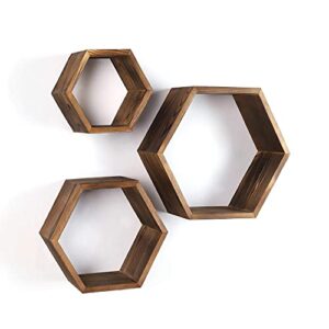 Wooden Hexagon Shelves - Rustic Floating Honeycomb Shelves - Set of 3 - Small, Medium, and Large - Wall Screws Included