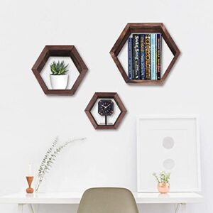 Wooden Hexagon Shelves - Rustic Floating Honeycomb Shelves - Set of 3 - Small, Medium, and Large - Wall Screws Included