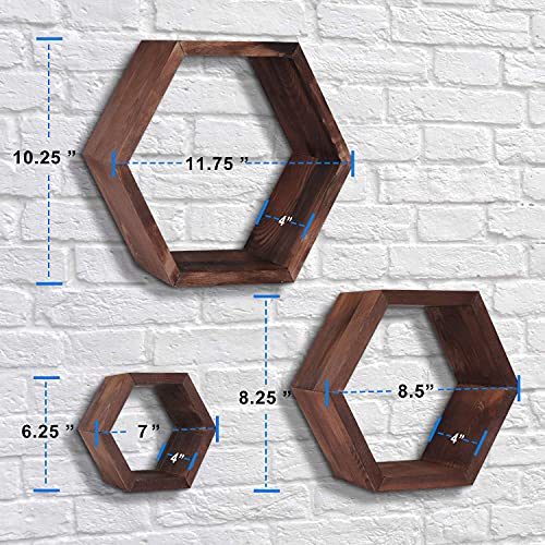 Wooden Hexagon Shelves - Rustic Floating Honeycomb Shelves - Set of 3 - Small, Medium, and Large - Wall Screws Included